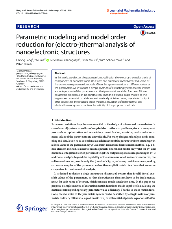(PDF) Parametric modeling and model order reduction for (electro-)thermal analysis of ...