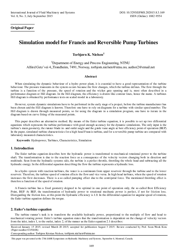 Pdf Simulation Model For Francis And Reversible Pump Turbines