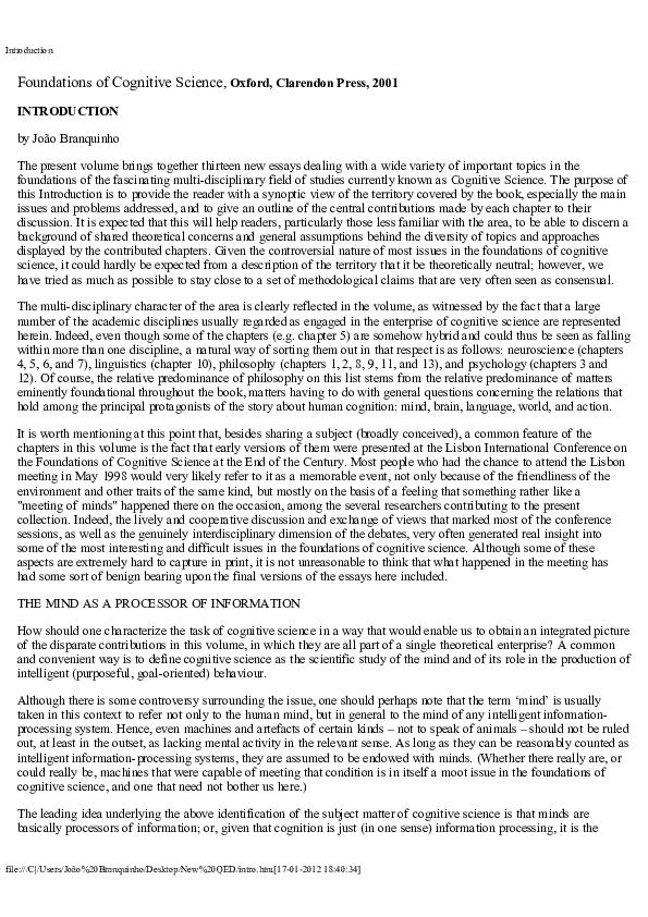 (PDF) Introduction to The Foundations of Cognitive Science