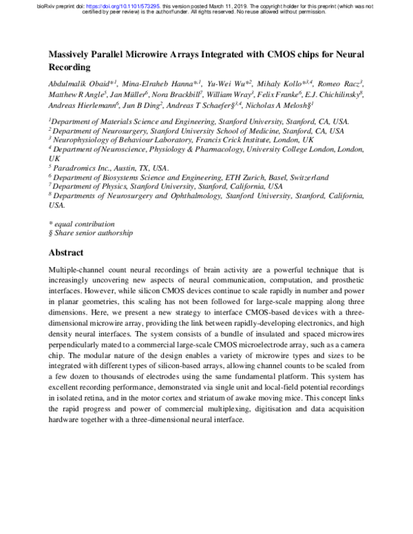 (PDF) Massively Parallel Microwire Arrays Integrated with CMOS chips for Neural Recording