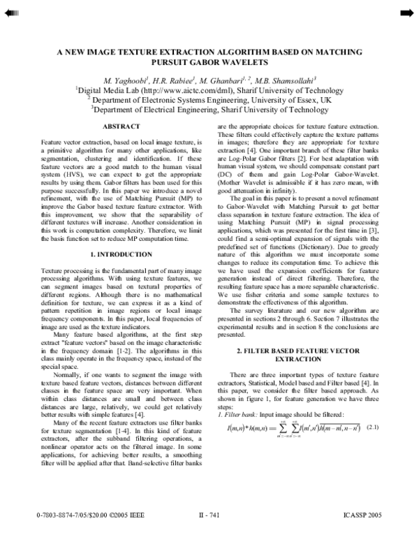 Pdf A New Image Texture Extraction Algorithm Based On Matching Pursuit Gabor Wavelets Dr