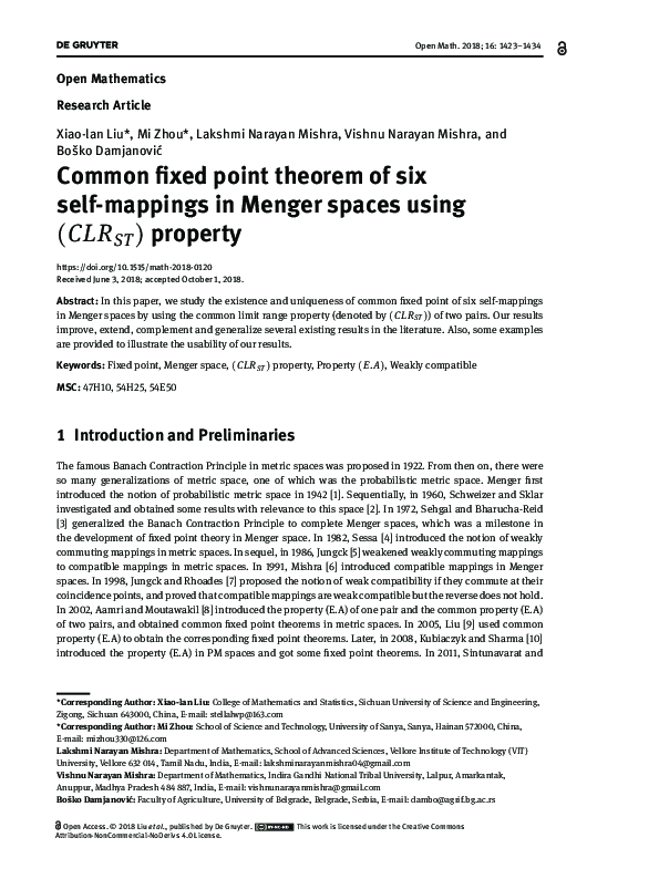 (PDF) Common fixed point theorem of six self-mappings in Menger spaces using (CLRST) property