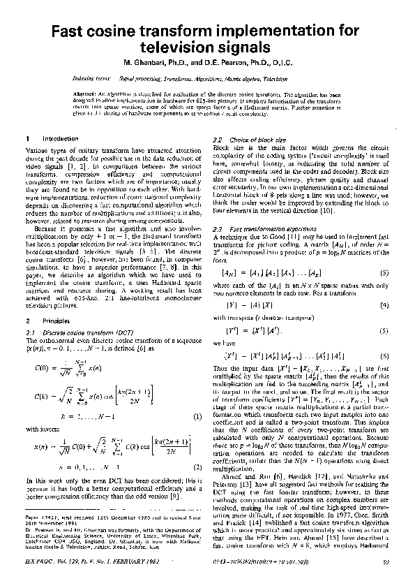 (PDF) Fast cosine transform implementation for television signals