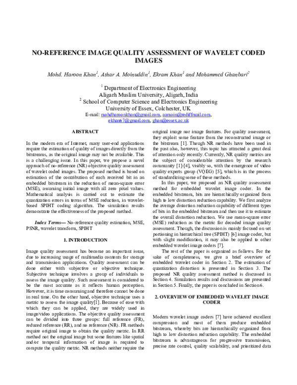Pdf No Reference Image Quality Assessment Of Wavelet Coded Images