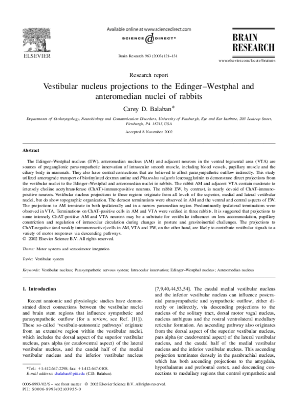 (PDF) Vestibular nucleus projections to the Edinger–Westphal and ...
