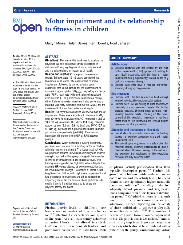 (PDF) Motor impairment and its relationship to fitness in children