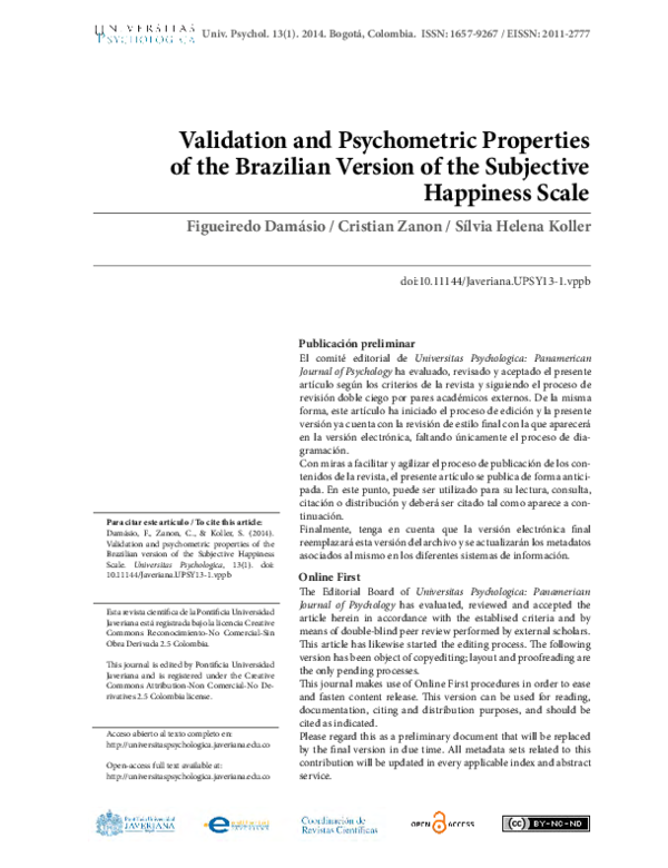 (PDF) Psychometric properties of the Brazilian version of the Subjective Happiness Scale