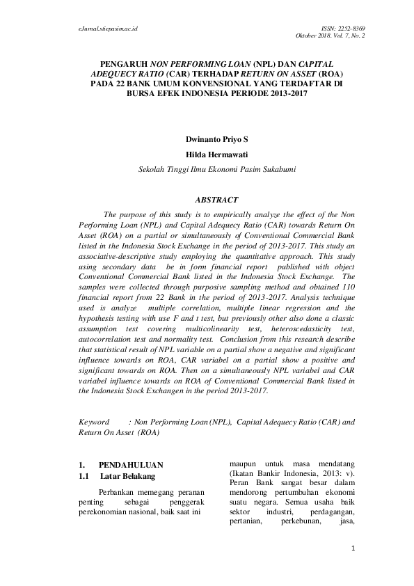 (PDF) PENGARUH NON PERFORMING LOAN (NPL) DAN CAPITAL ADEQUECY RATIO (CAR) TERHADAP RETURN ON ...