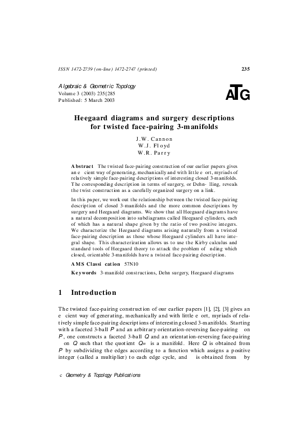 (PDF) Heegaard diagrams and surgery descriptions for twisted face ...