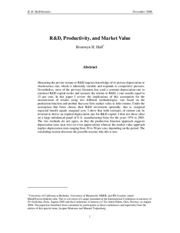(PDF) R&D, productivity and market value