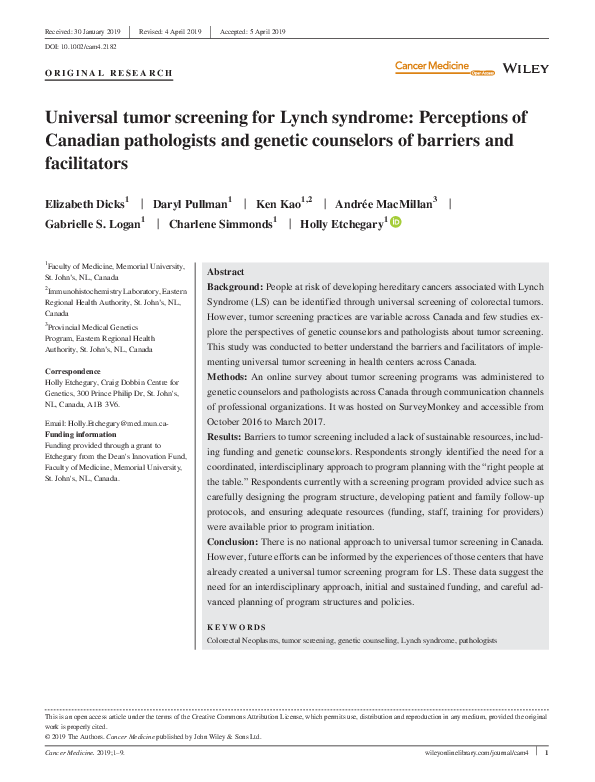 (PDF) Universal tumor screening for Lynch syndrome: Perceptions of ...