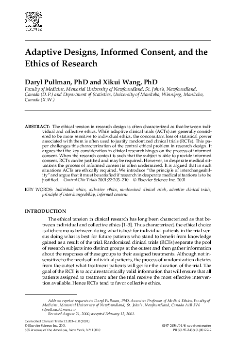 (PDF) Adaptive Designs, Informed Consent, and the Ethics of Research