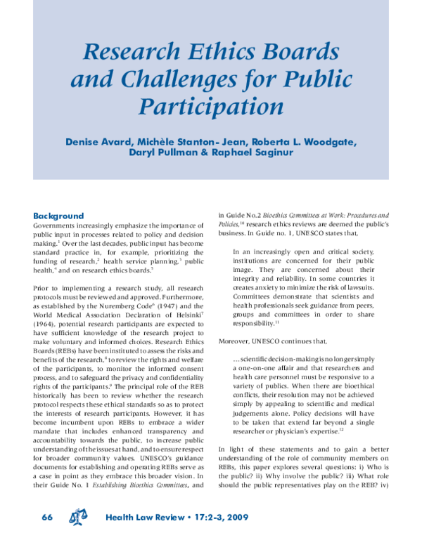 (PDF) Research Ethics Boards and Challenges for Public Participation