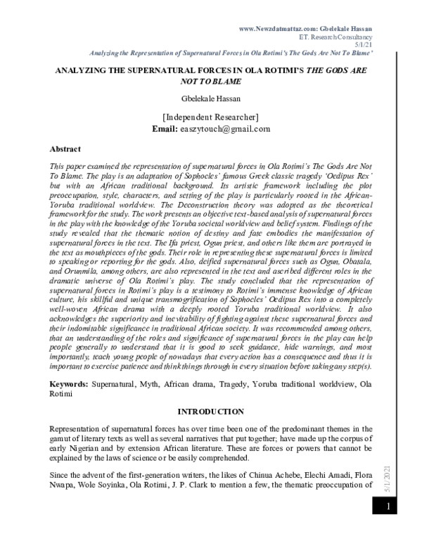 (PDF) Analyzing the Representation of Supernatural Forces in Ola Rotimi's The Gods Are Not To Blame'
