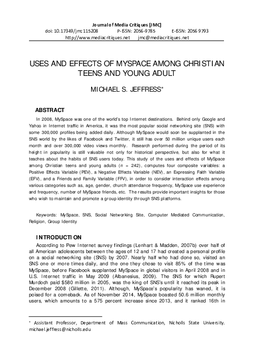 (PDF) Uses and Effects of MySpace among Christian Teens and Young Adult