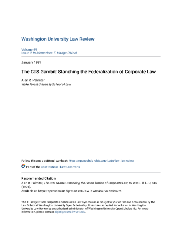 (PDF) The CTS Gambit: Stanching the Federalization of Corporate Law