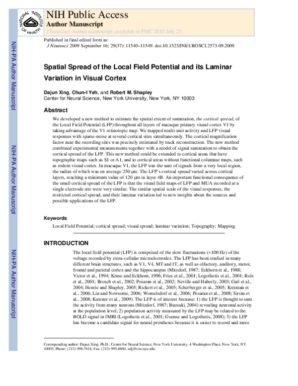 (PDF) Spatial Spread of the Local Field Potential and its Laminar Variation in Visual Cortex ...