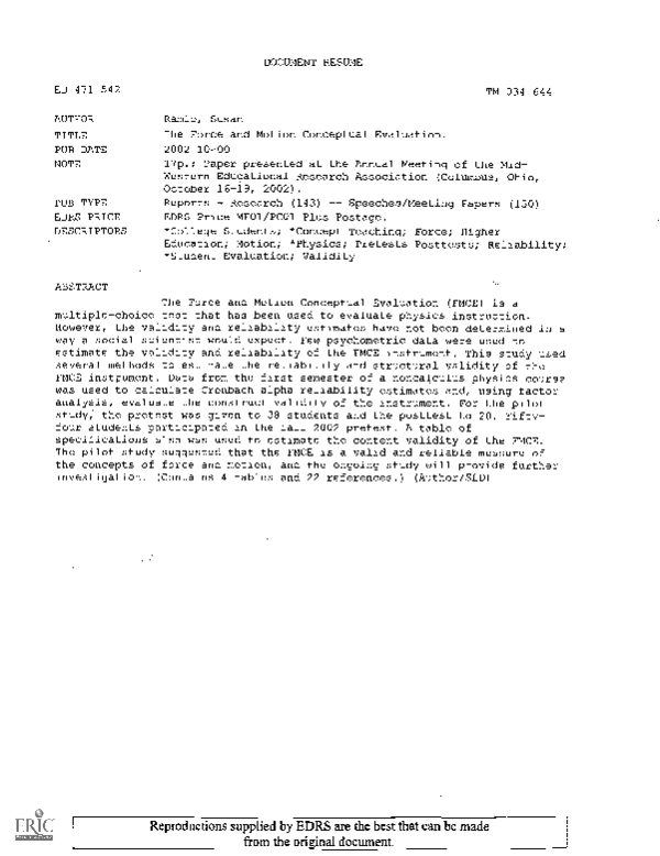 (PDF) The Force and Motion Conceptual Evaluation