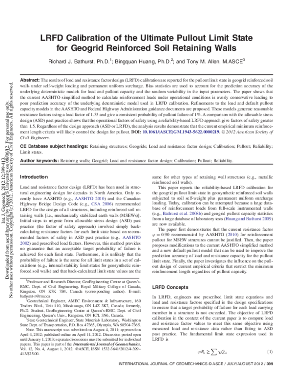 (PDF) LRFD Calibration of the Ultimate Pullout Limit State for Geogrid ...