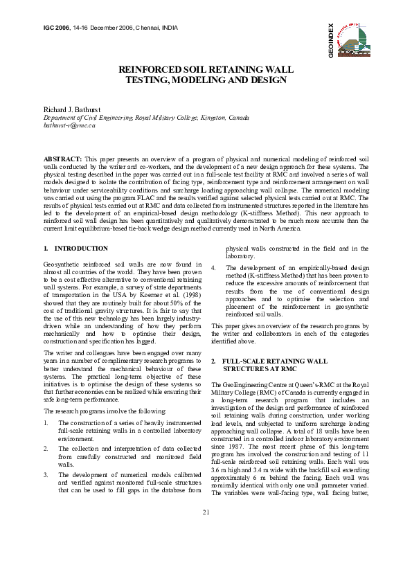 (PDF) Reinforced Soil Retaining Wall Testing, Modeling and Design