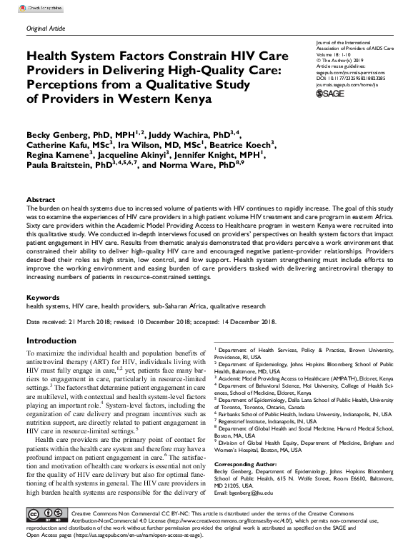 (PDF) Health System Factors Constrain HIV Care Providers in Delivering ...