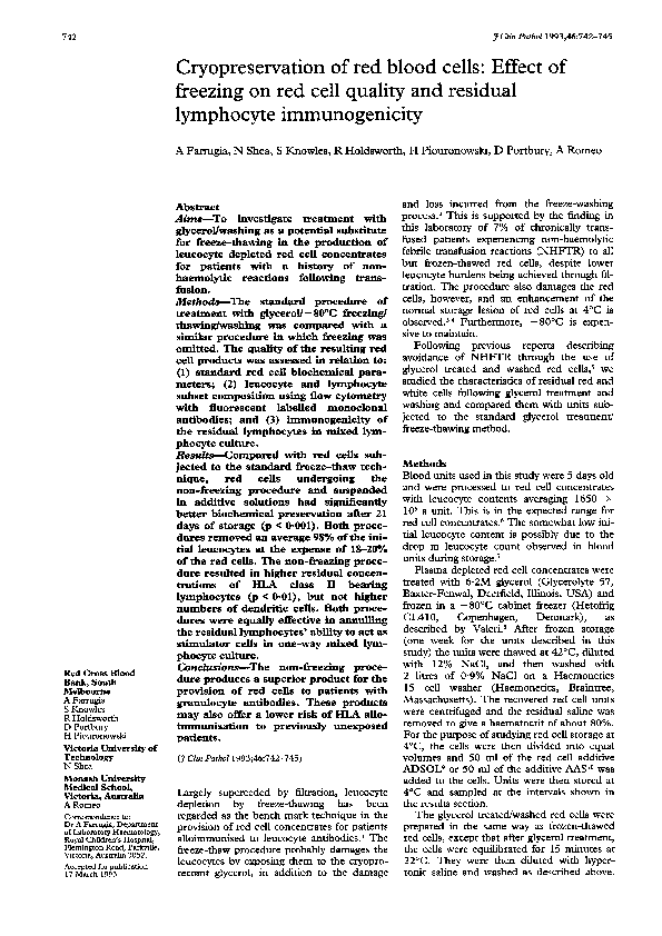 (PDF) Cryopreservation of red blood cells: effect of freezing on red ...