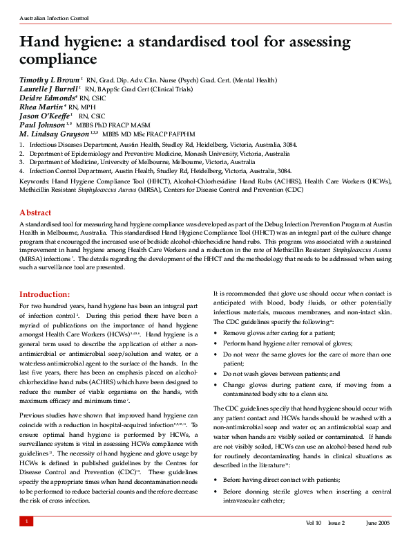 (PDF) Hand hygiene: a standardised tool for assessing compliance