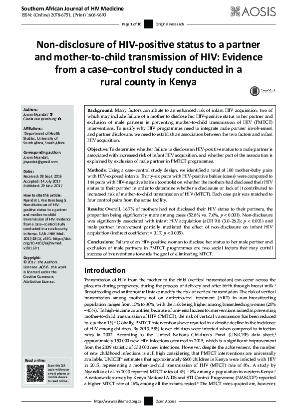 (PDF) Non-disclosure of HIV-positive status to a partner and mother-to ...