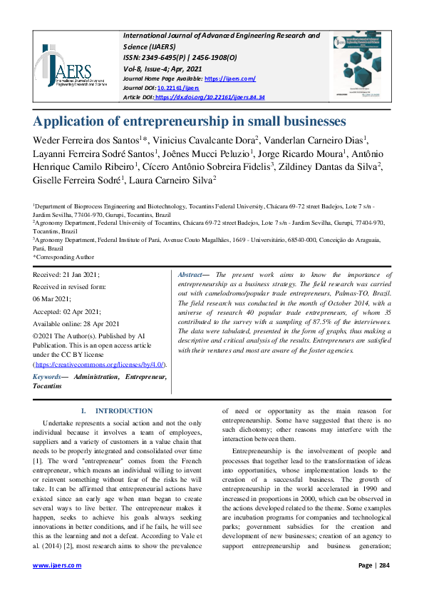 (PDF) Application of entrepreneurship in small businesses