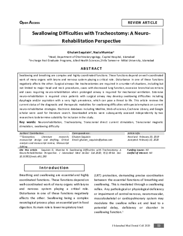 (PDF) Swallowing Difficulties with Tracheostomy: A Neuro-Rehabilitation ...