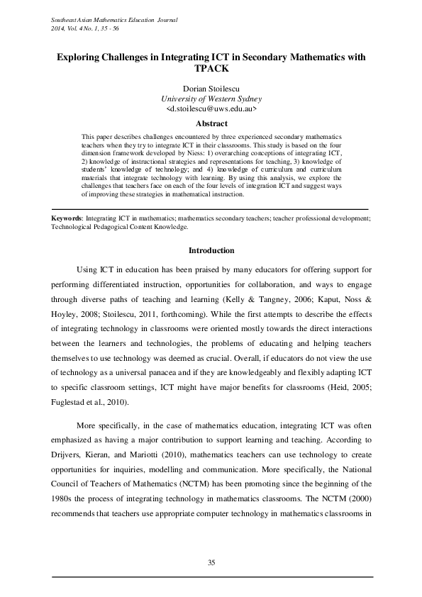 (PDF) Exploring Challenges in Integrating ICT in Secondary Mathematics with TPACK
