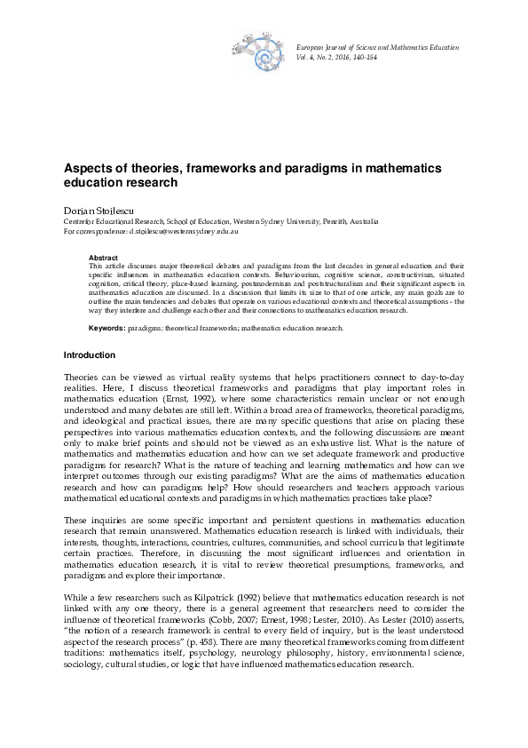 (PDF) Aspects of theories, frameworks and paradigms in mathematics ...