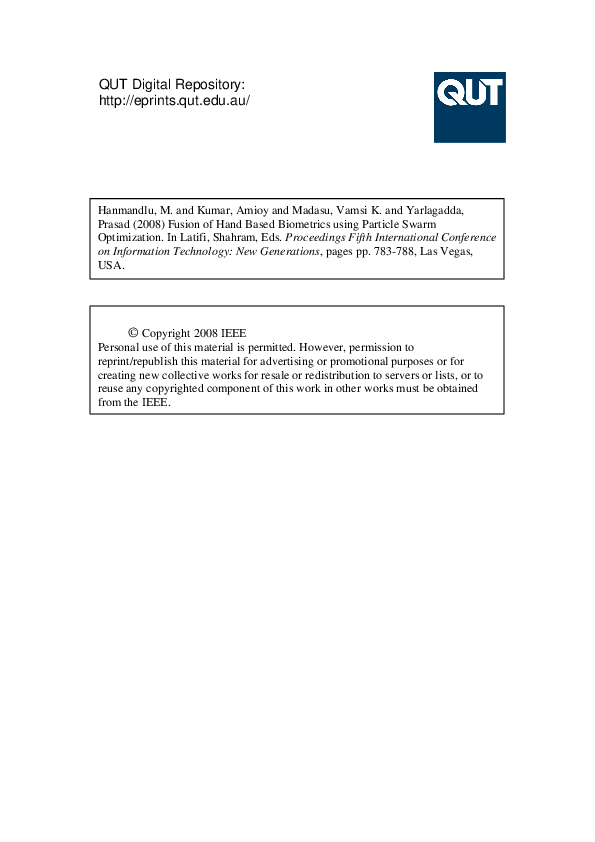 Pdf Fusion Of Hand Based Biometrics Using Particle Swarm Optimization