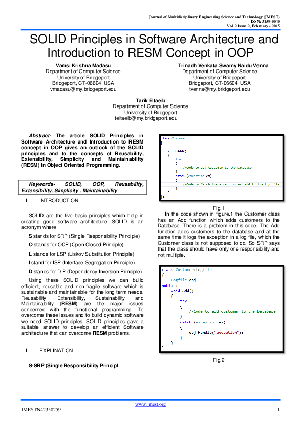 (PDF) SOLID Principles in Software Architecture and Introduction to RESM Concept in OOP | Vamsi ...