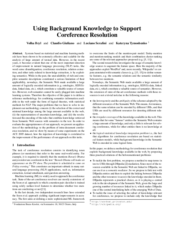 (PDF) Using Background Knowledge to Support Coreference Resolution
