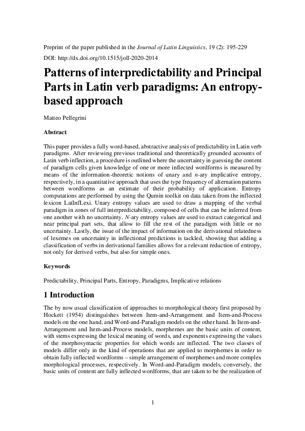 (PDF) Patterns of interpredictability and Principal Parts in Latin verb ...