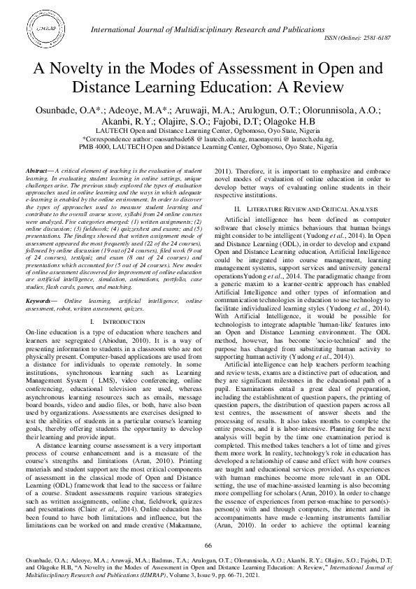 Pdf Assessment In Open And Distance Learning Education A Review