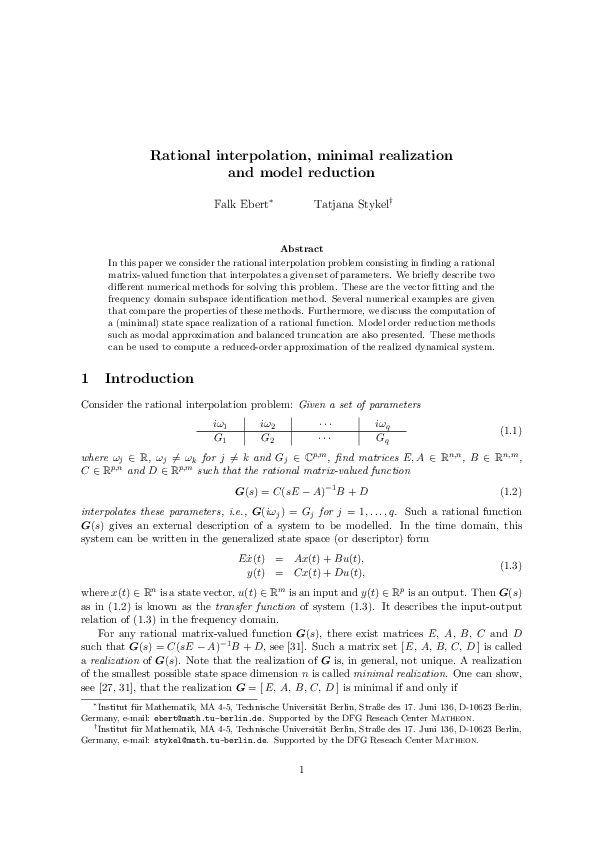 Pdf Rational Interpolation Minimal Realization And Model Reduction