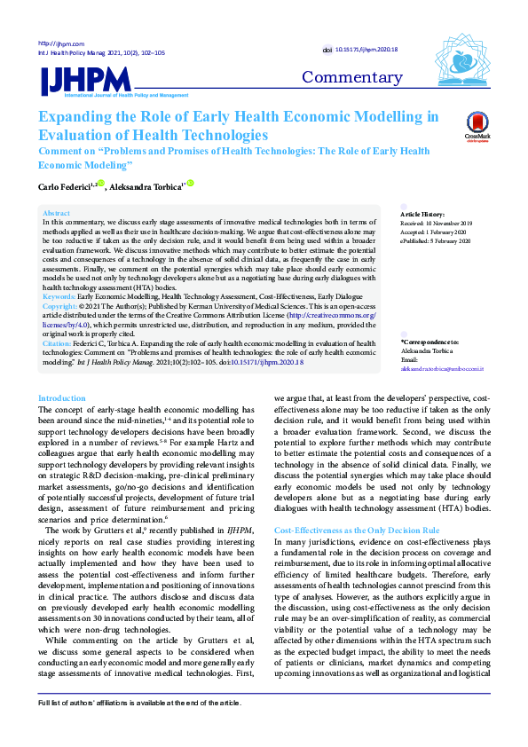 (PDF) Expanding the Role of Early Health Economic Modelling in ...