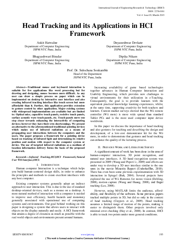(PDF) Head Tracking and its Applications in HCI Framework