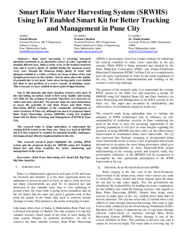 (PDF) Smart Rain Water Harvesting System (SRWHS) Using IoT Enabled ...