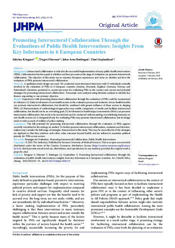 (PDF) Promoting Intersectoral Collaboration Through the Evaluations of ...