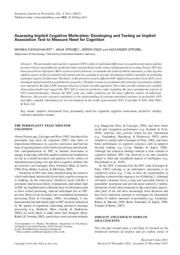 Pdf Assessing Implicit Cognitive Motivation Developing And Testing 5543