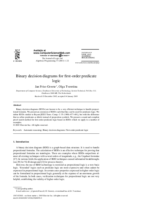 Pdf Binary Decision Diagrams For First Order Predicate Logic