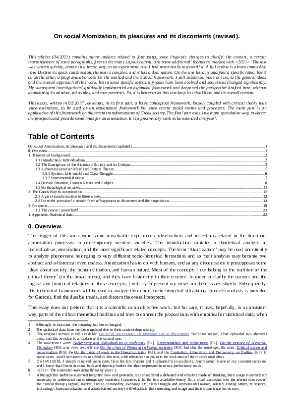 (PDF) On social Atomization, its pleasures and its discontents (revised)