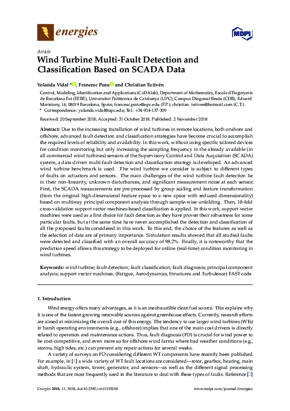 Pdf Wind Turbine Multi Fault Detection And Classification Based On Scada Data Yolanda Vidal