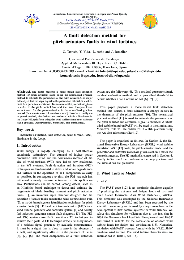 Pdf A Fault Detection Method For Pitch Actuators Faults In Wind Turbines