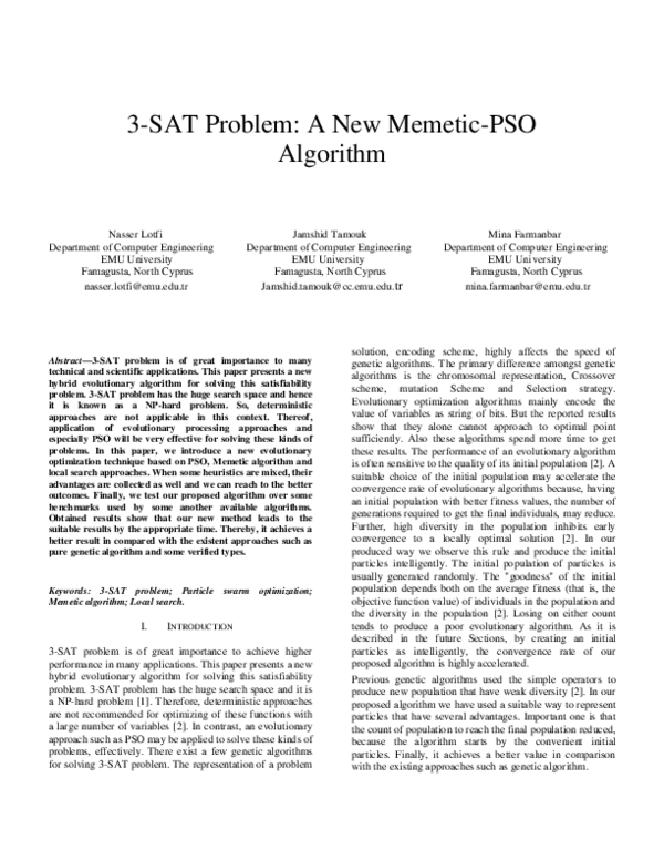 (PDF) 3-SAT Problem A New Memetic-PSO Algorithm