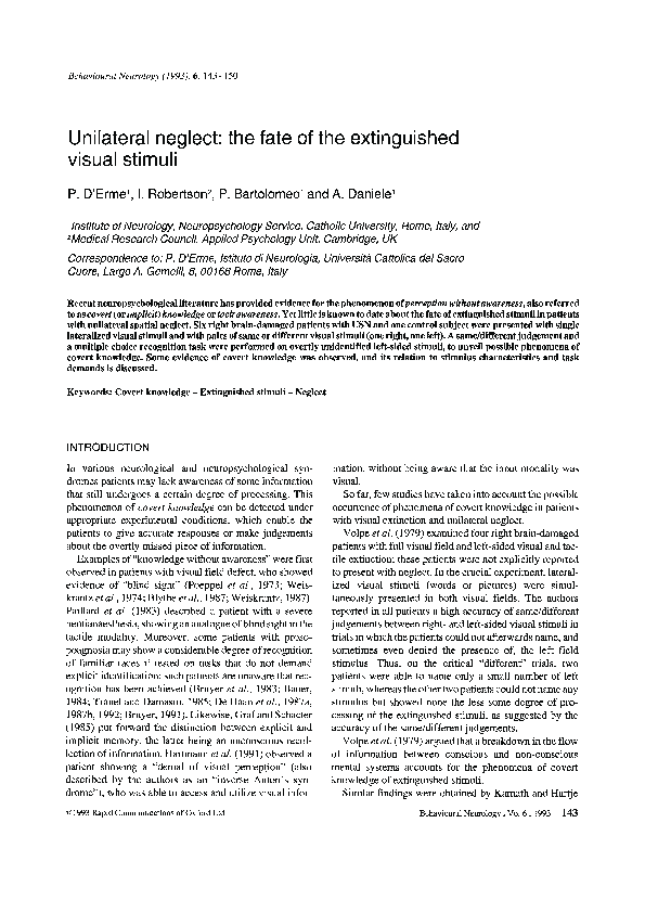 (PDF) Unilateral Neglect: The Fate of the Extinguished Visual Stimuli