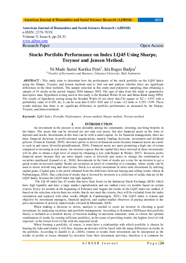 (PDF) Stocks Portfolio Performance on Index LQ45 Using Sharpe, Treynor ...